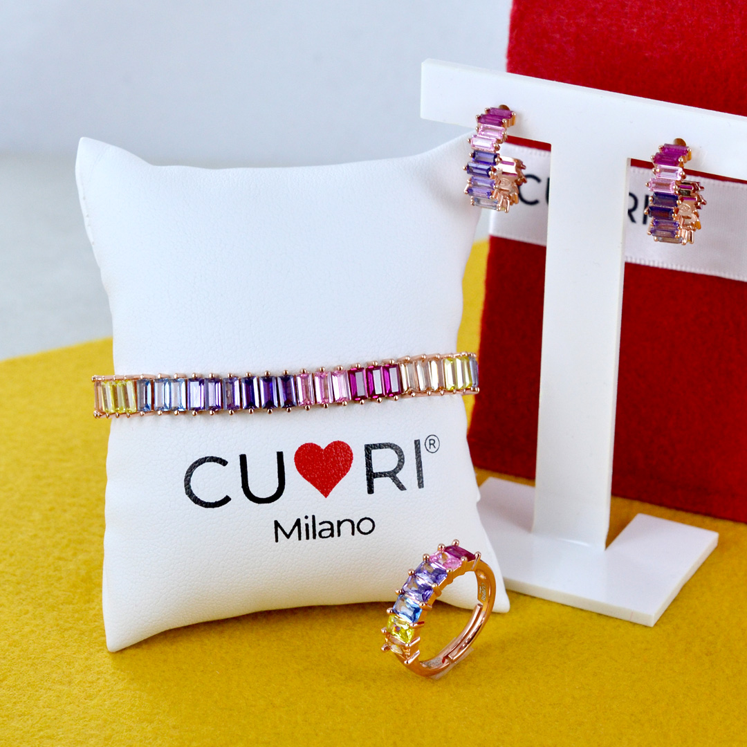 Bracciale Tennis Arcobaleno Rainbow in argento rosa e Zirconi Cuori Milano | Gi