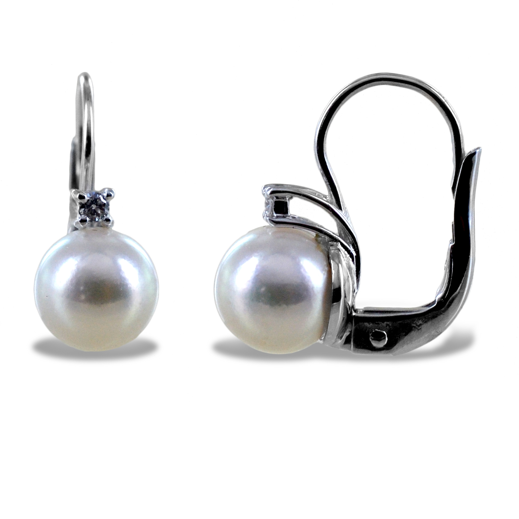 Orecchini con perle Akoya e diamante - perle di diametro 7.50 mm ...